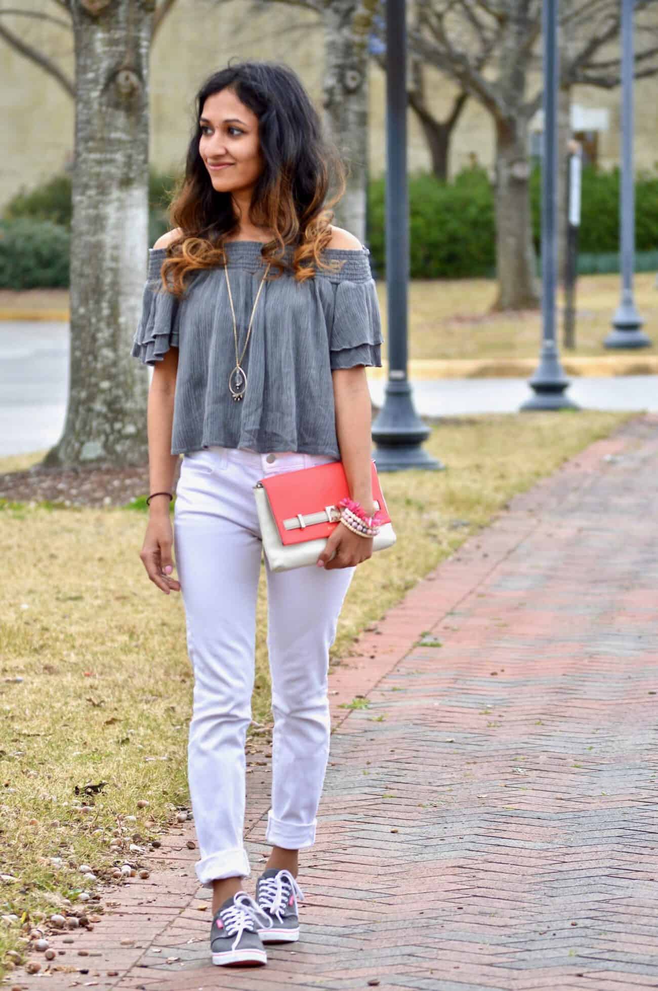 Grey Off the Shoulder Ruffles - An Unblurred Lady