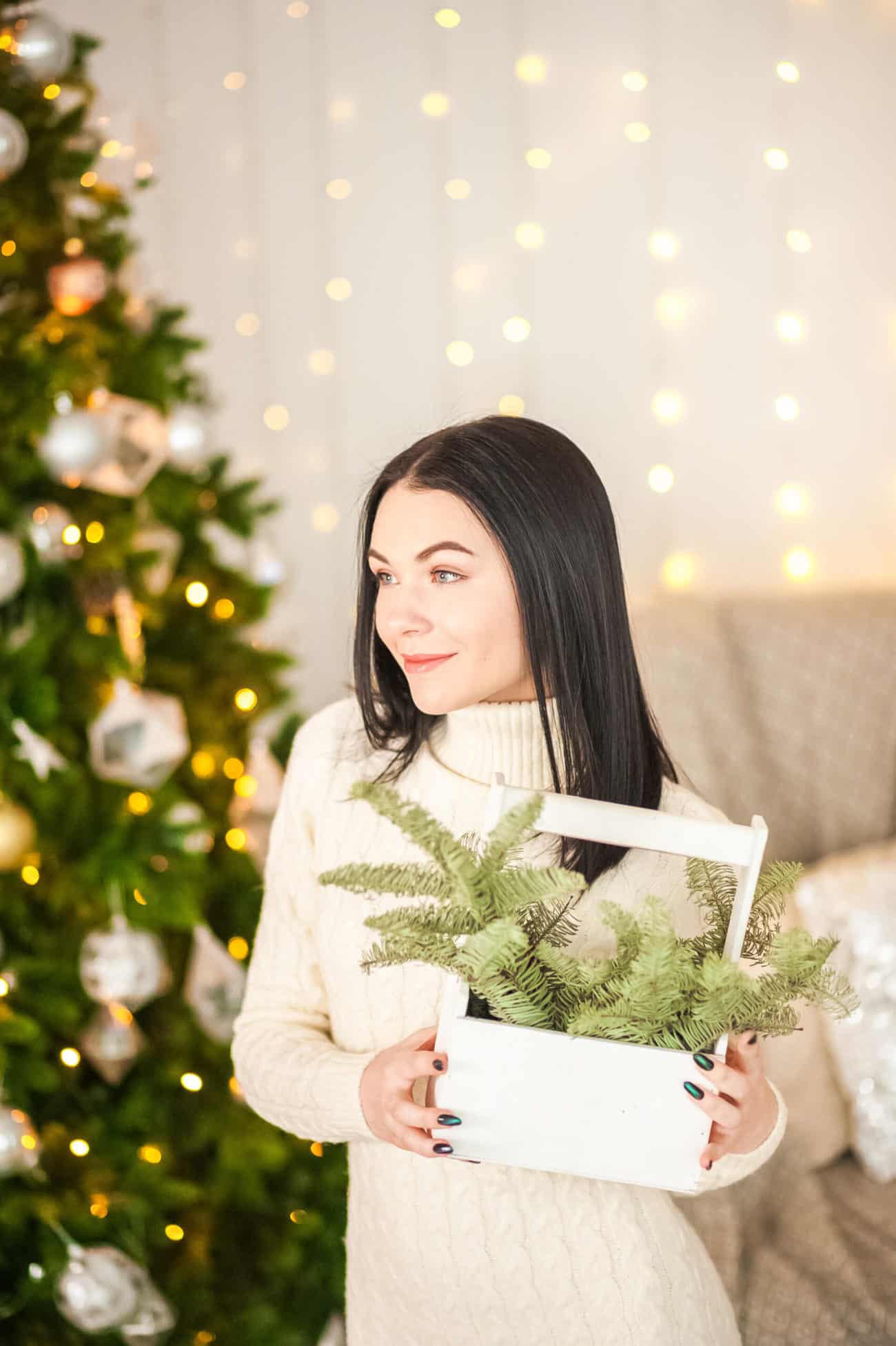 young-woman-christmas-tree-woman-with-fir-branches-knitted-dress - An ...